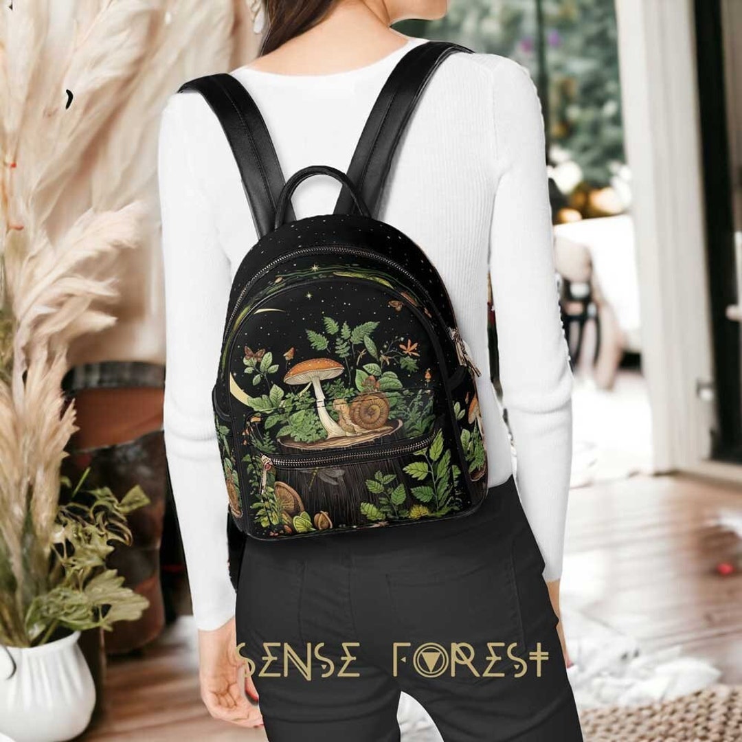 Mini Black Vegan Leather Mushroom Snail Backpack, Cottagecore Tree ...