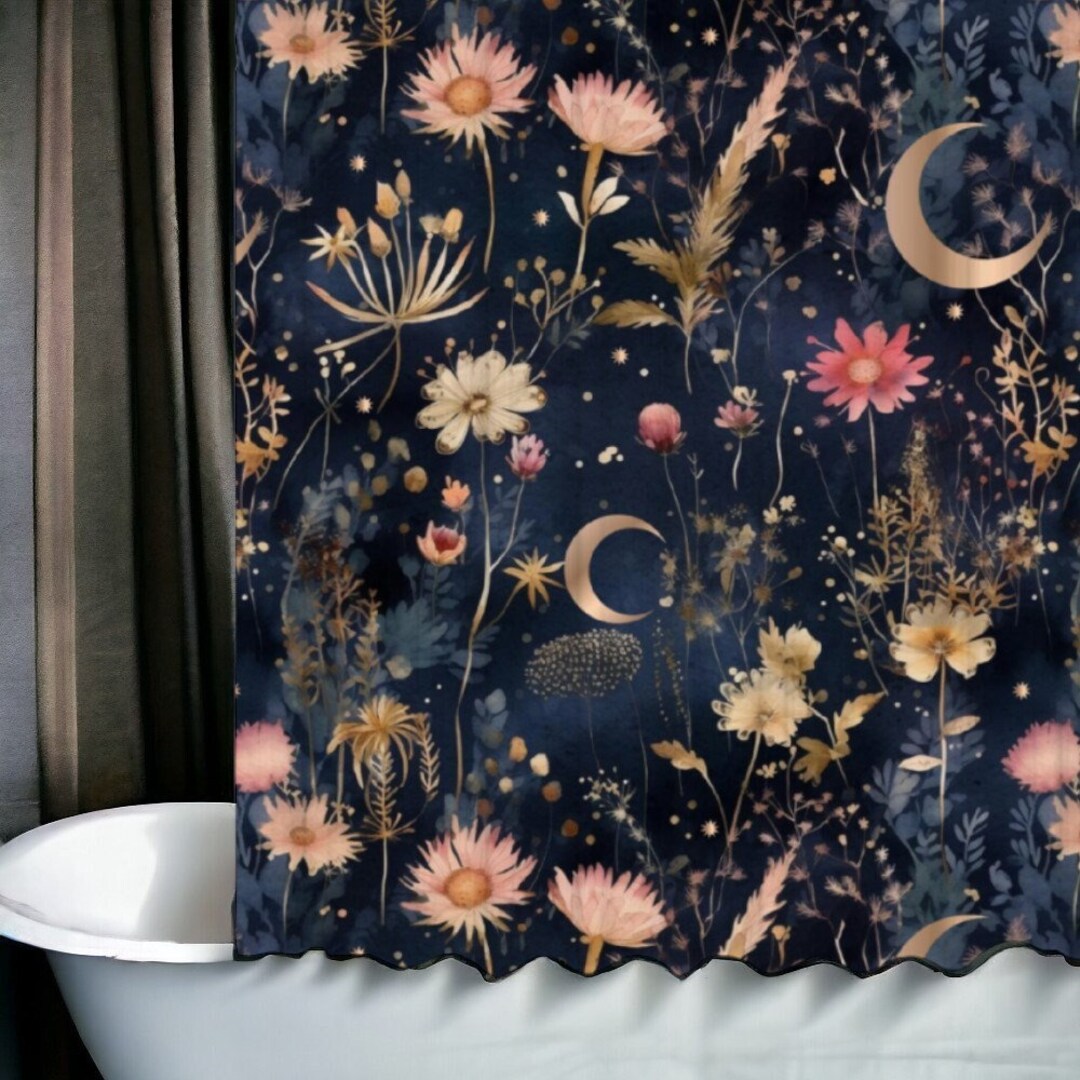 Cottagecore Night Sky Wildflowers Moon Bath Shower Curtain, 12 C-shaped ...