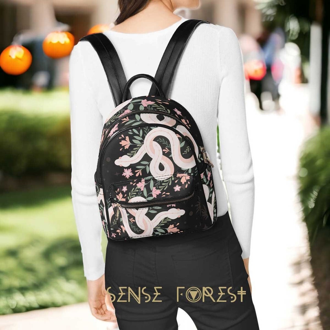 Boho Floral Pink Snake Black Mini Backpack, Whimsy Goth Dark ...