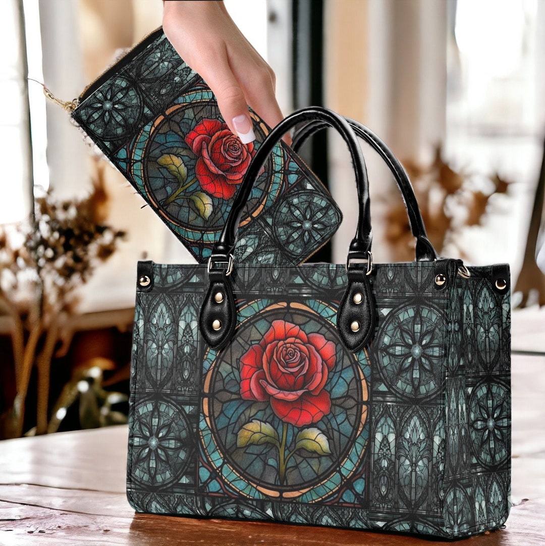 Gothic Teal Stained Glass Rose Top Handles Vegan Leather Tote Purse ...