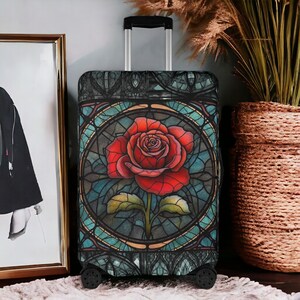 Medieval Stained Glass Rose Luggage Cover, Gothic Renaissance Stretchy ...