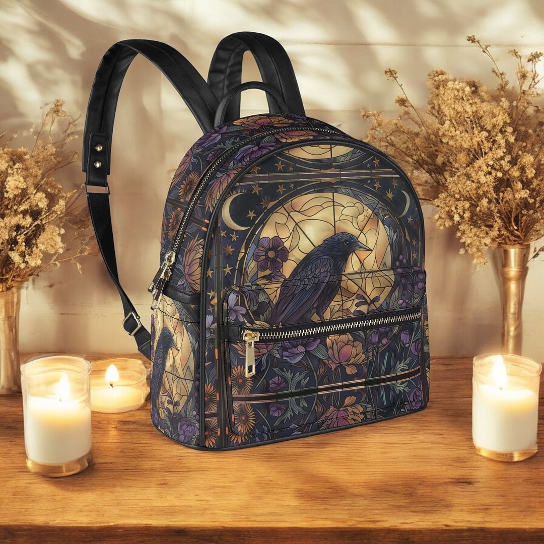 Dark Academia Medieval Stained Glass Black Crow Mini Backpack, Moon ...