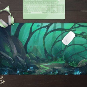 Stitched Edges Green Ocean Desk Mat Anime, Neon Mushroom Forest Fantasy ...