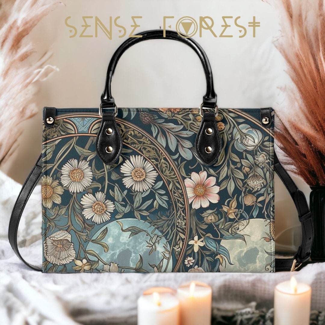 Maximalist Cottagecore Teal Floral Moon Top Handles Vegan Leather Tote ...