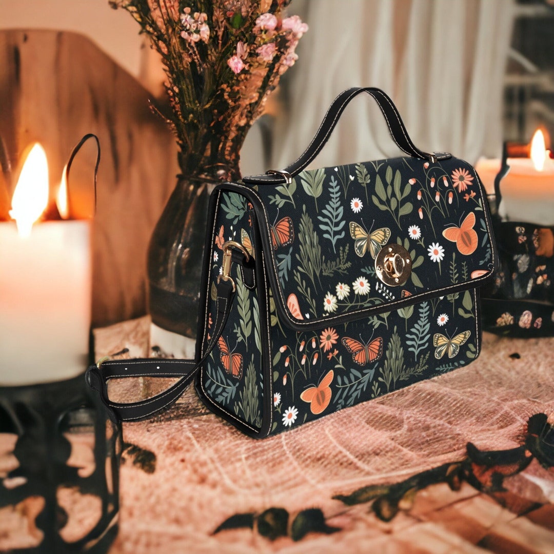 Whimsical Cottagecore Canvas Satchel Bag, Moth and Butterfly Crossbody ...