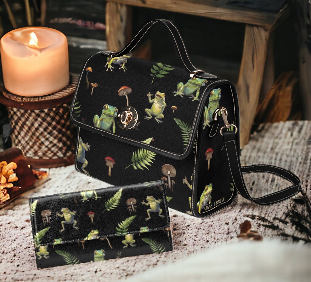 Goblincore Cute Frog Mushroom Forest Canvas Satchel Bag, Women Mystical ...