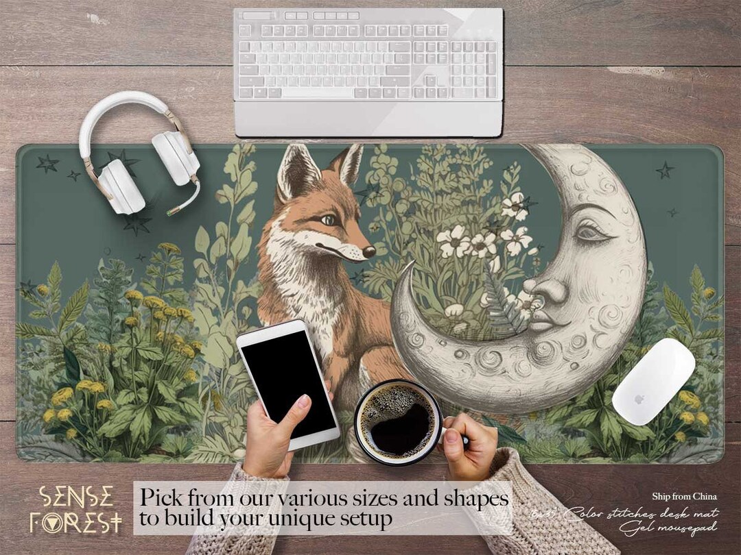 Sage Forest Moon Fox PU Leather Desk Mat RGB, Green Witch Cottagecore ...