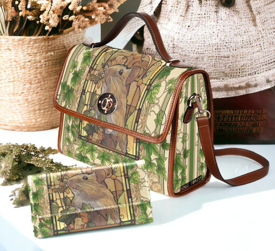 Vintage Stained Glass Hamster Art Canvas Satchel Bag, Nature Sage Green ...