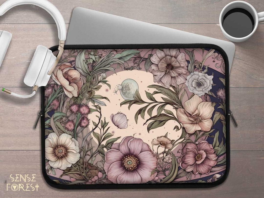 Poppies Flower Witchy Cottagecore Laptop Sleeve, Whimsical Moon Floral ...