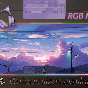 Kawaii Purple Anime RGB Desk Mat, XXL Japanese Landscape Gaming Mouse ...