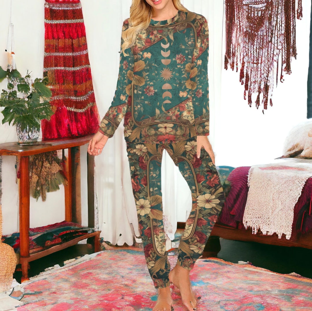 Whimsical Moon Phase Retro Teal Floral PJ Set, Women Pull Over Lounge ...