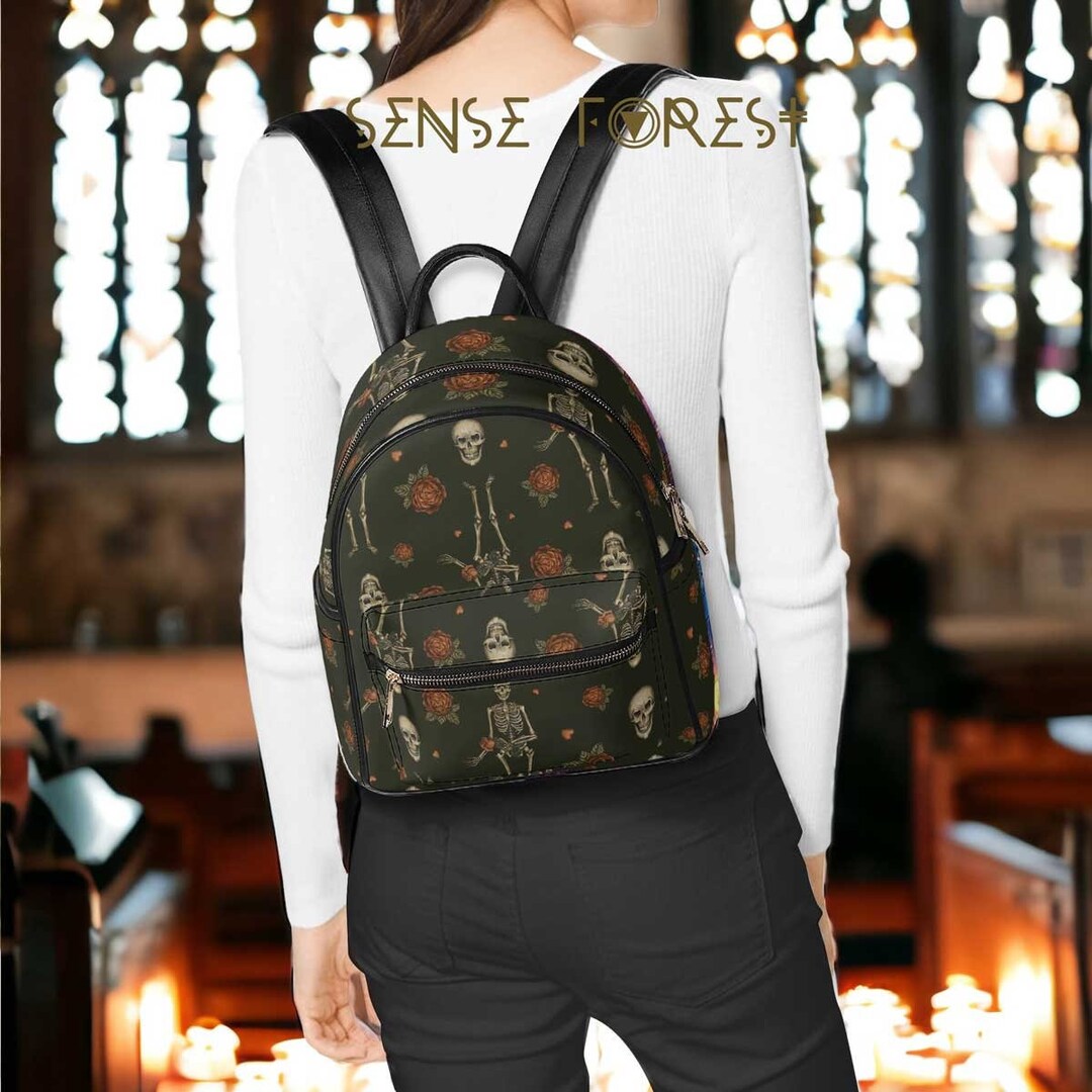 Mini Black Vegan Leather Skeleton Love Backpack, Dark Rockabilly Rose ...