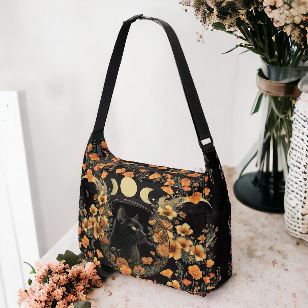 Cottagecore Poppy Black Cat Messenger Bag, Triple Moon Witchy Boho Commute Shoulder Bag, Floral ...