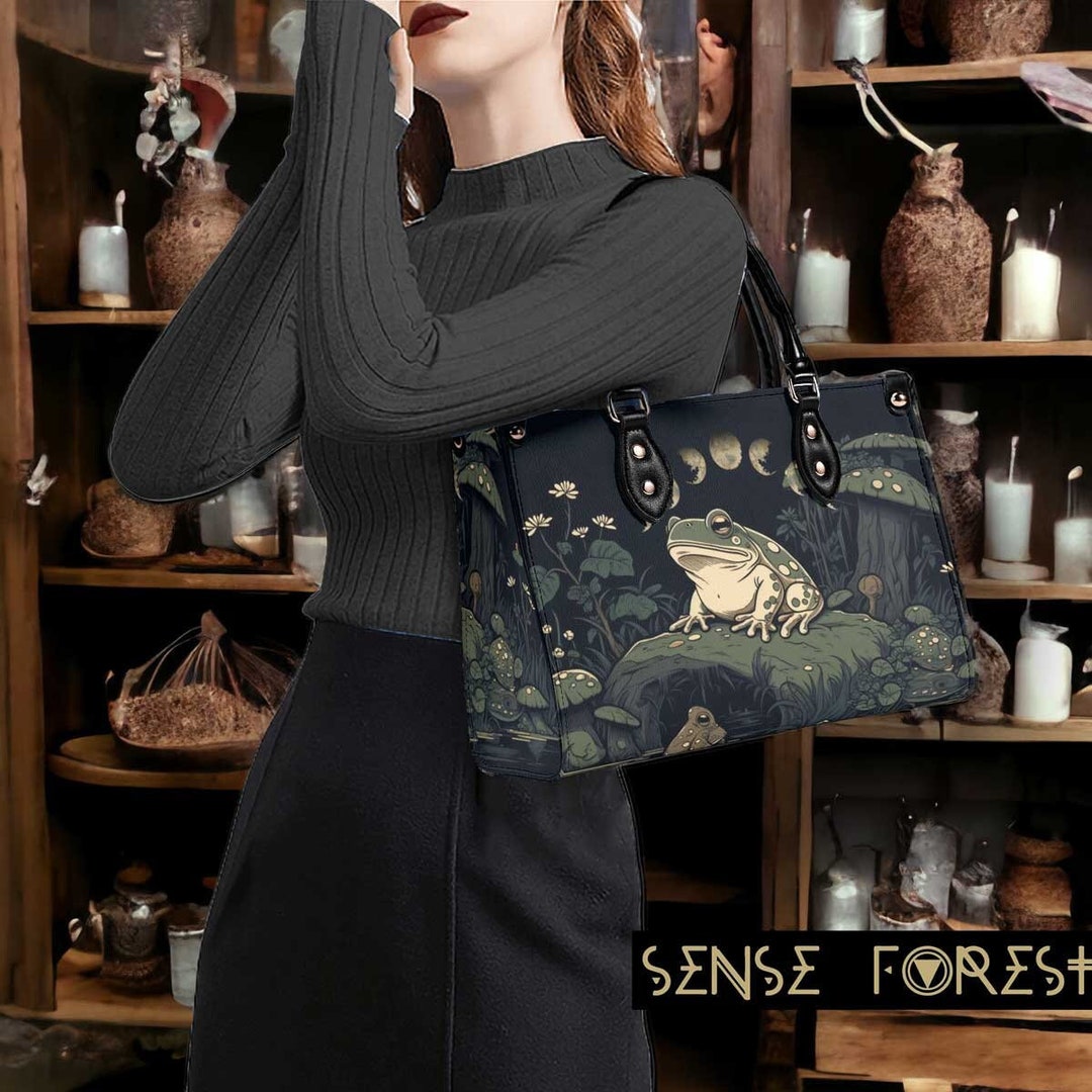 Goblincore Moon Frog Forest Top Handles Vegan Leather Tote Handbag ...