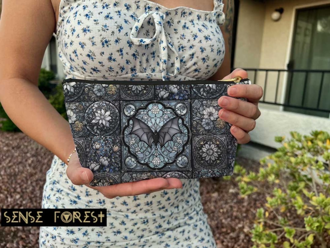 Gothic Stained Glass Bat T or Flat Pouch, Medieval Goth Makeup Cosmetic ...