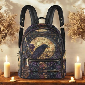Dark Academia Medieval Stained Glass Black Crow Mini Backpack, Moon ...