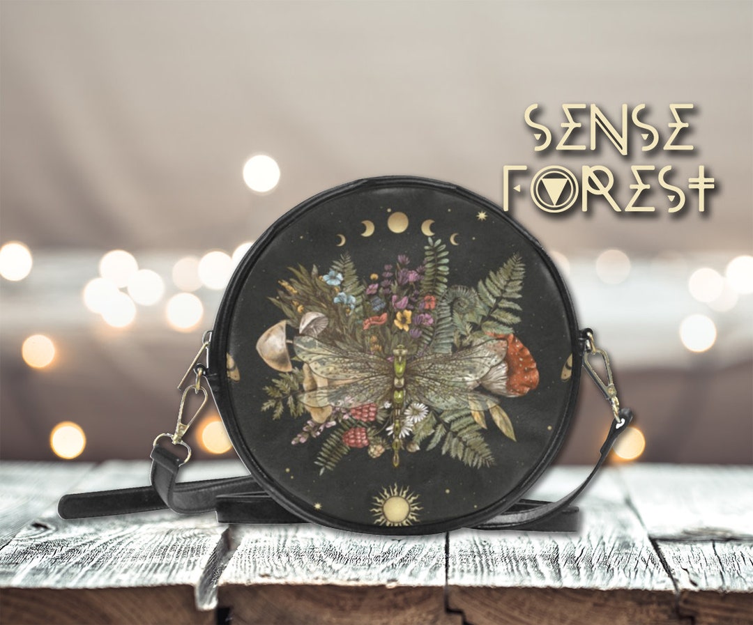 Black Vegan Leather Witchy Purse, Mushroom Fern Forest Round Purse ...