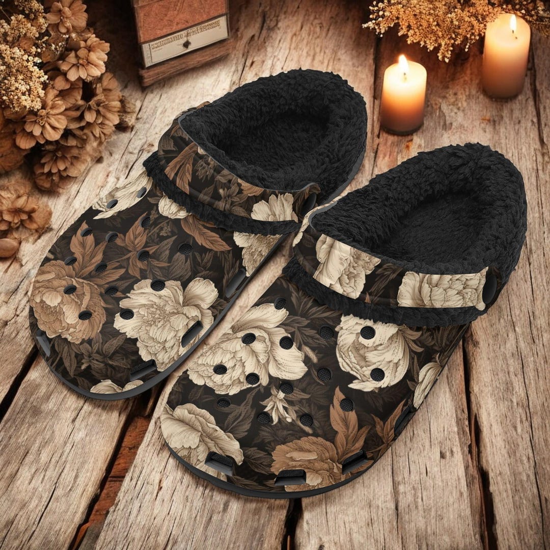 Cottagecore Brown Peony Floral Slides, Forest Witch Dark Boho Slip on ...