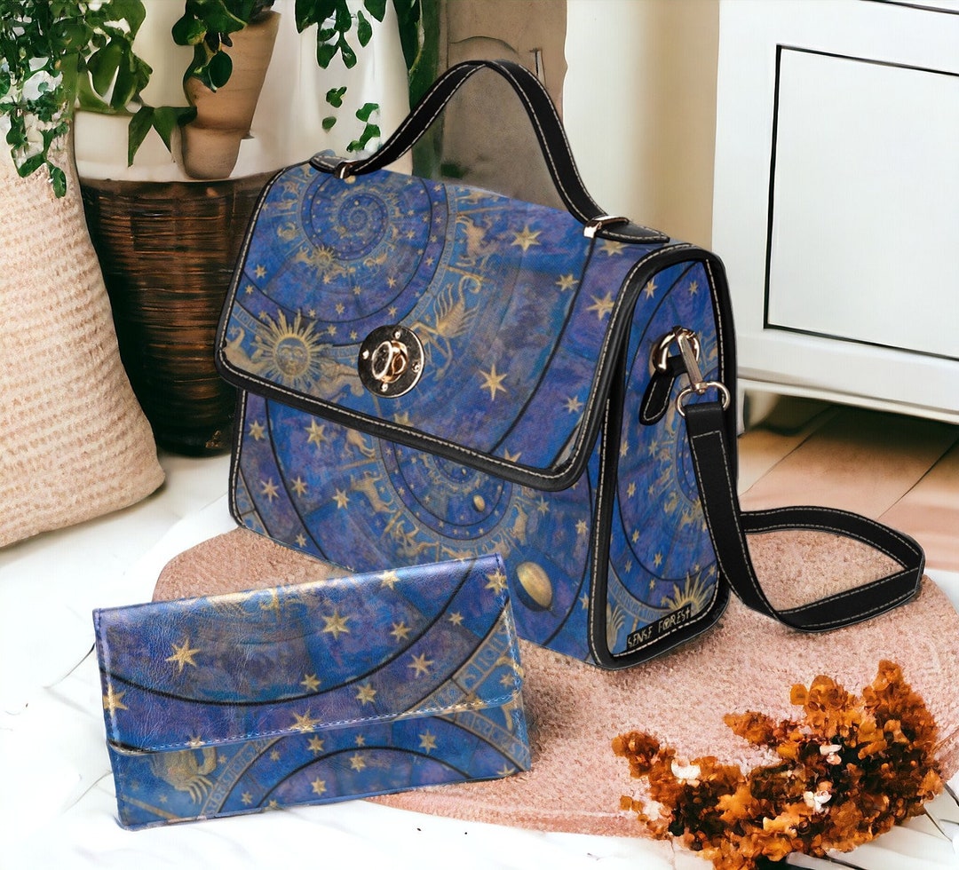 Zodiac Blue Beige Celestial Canvas Satchel Bag, Women Witchy Crossbody ...