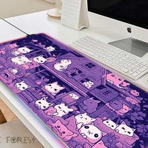 Cute Cats Haunted House Spooky Purple Desk Mat RGB, Kawaii LED ...