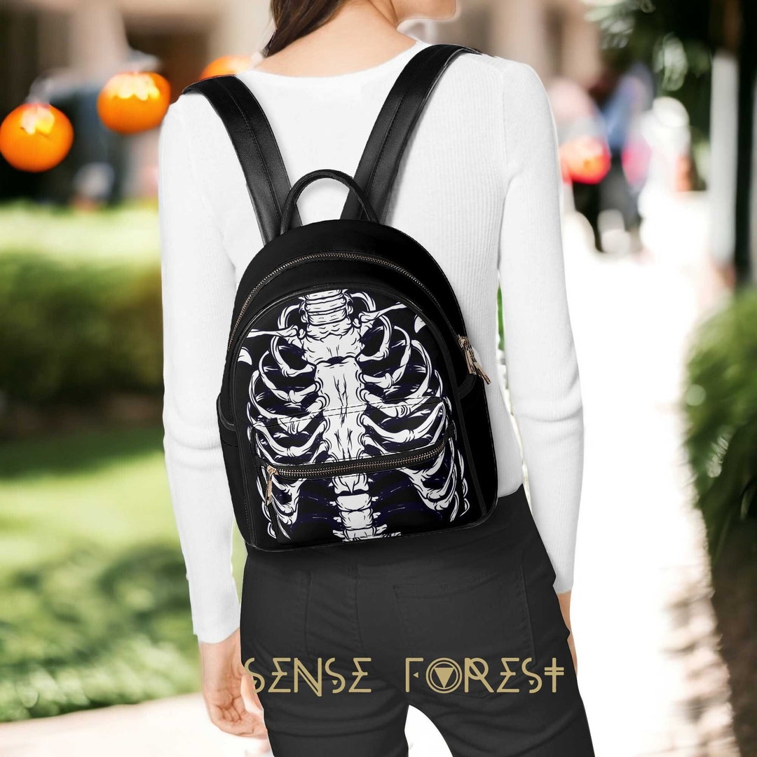Mini Black Vegan Leather Skeleton Backpack, Halloween Spooky Ribcage ...