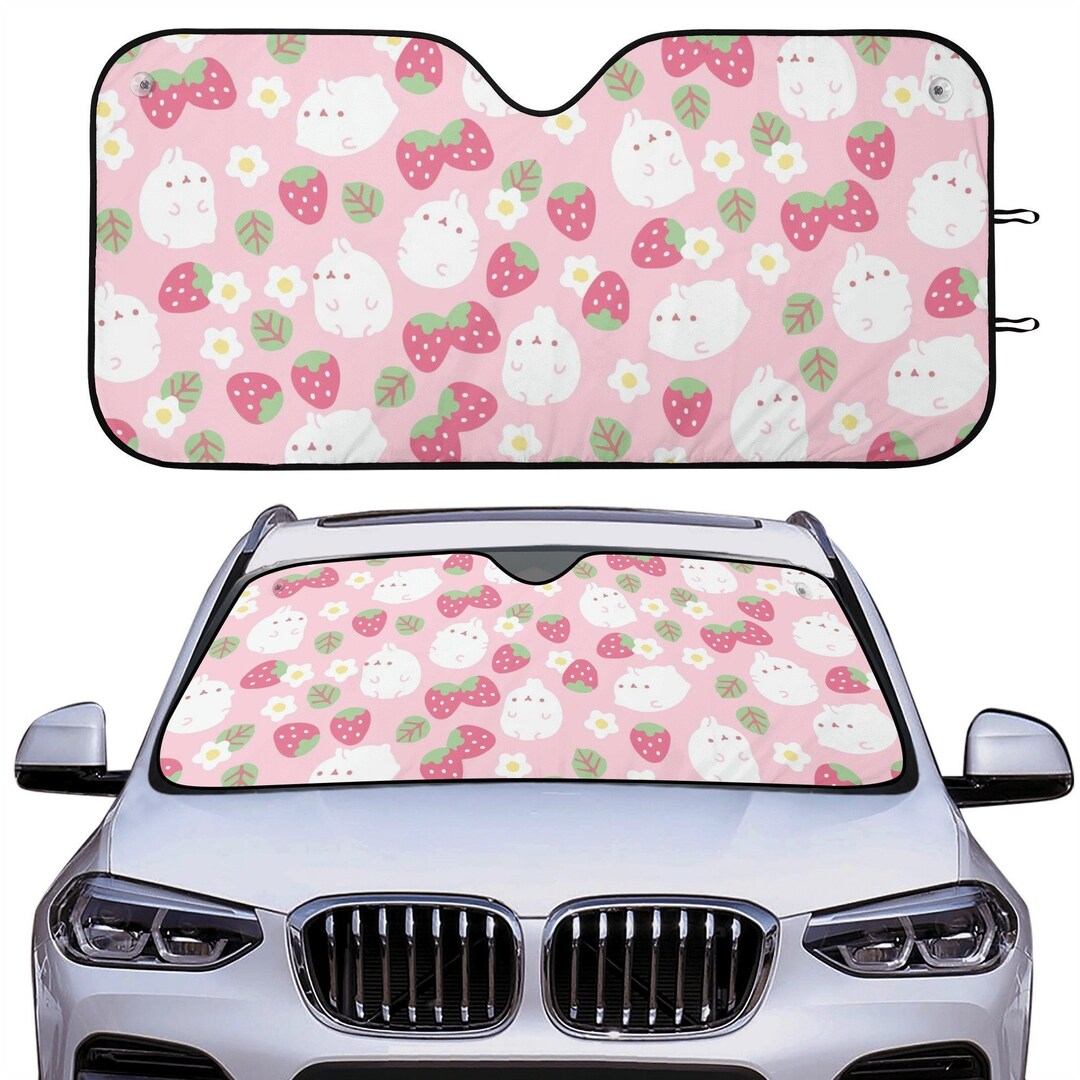 Kawaii Pink Chubby Bunny Windshield Sunshade, Cute Strawberry Floral ...