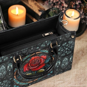 Gothic Teal Stained Glass Rose Top Handles Vegan Leather Tote Purse ...