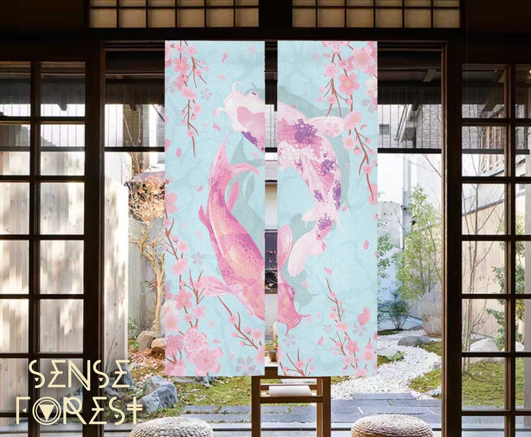 Japanese Koi Fish Noren Curtain, Kawaii Cherry Blossom Door Curtain ...