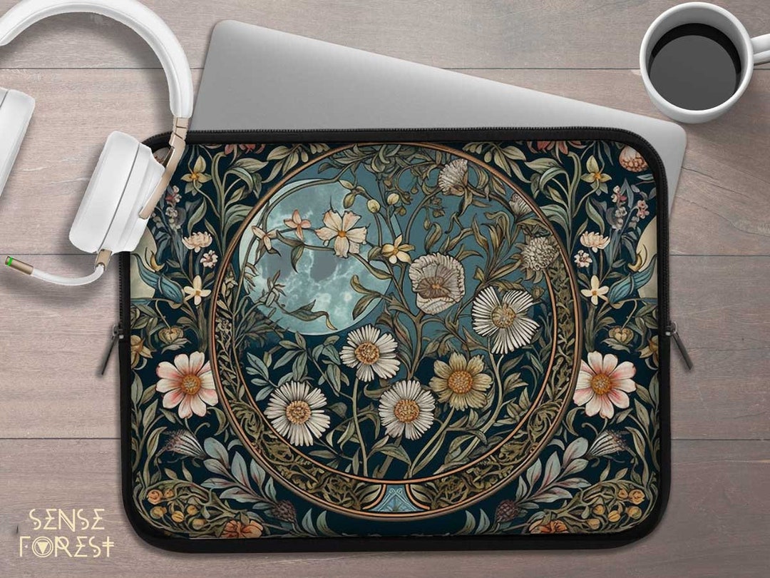 Maximalist Cottagecore Daisy Moon Laptop Sleeve, Teal Green Celestial ...