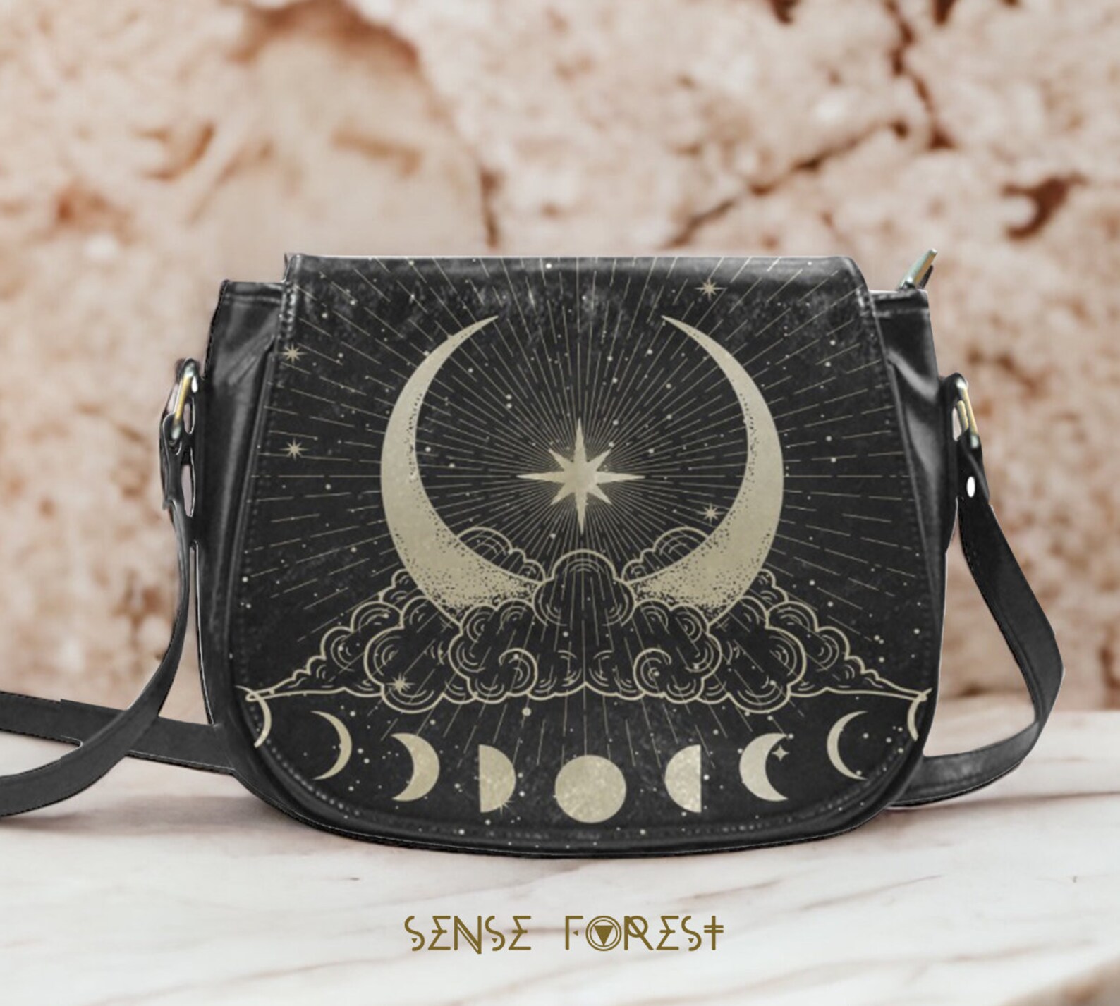 Wicca Black Vegan Leather Zipped Saddle Bag Silver Lunar Moon - Etsy