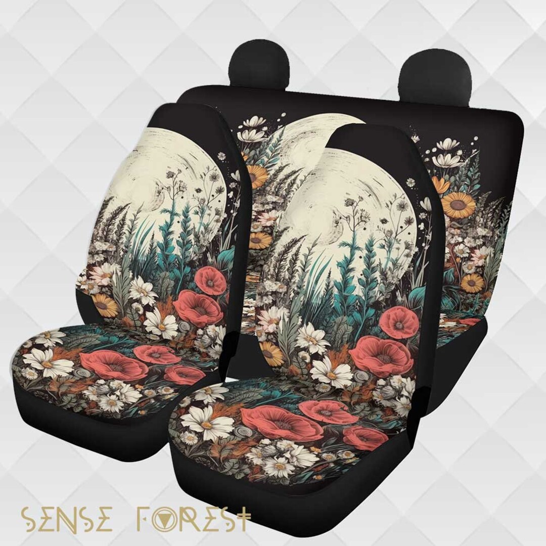 Moonlight Wildflower Cottagecore Car Seat Cover Set, Big Moon Floral ...