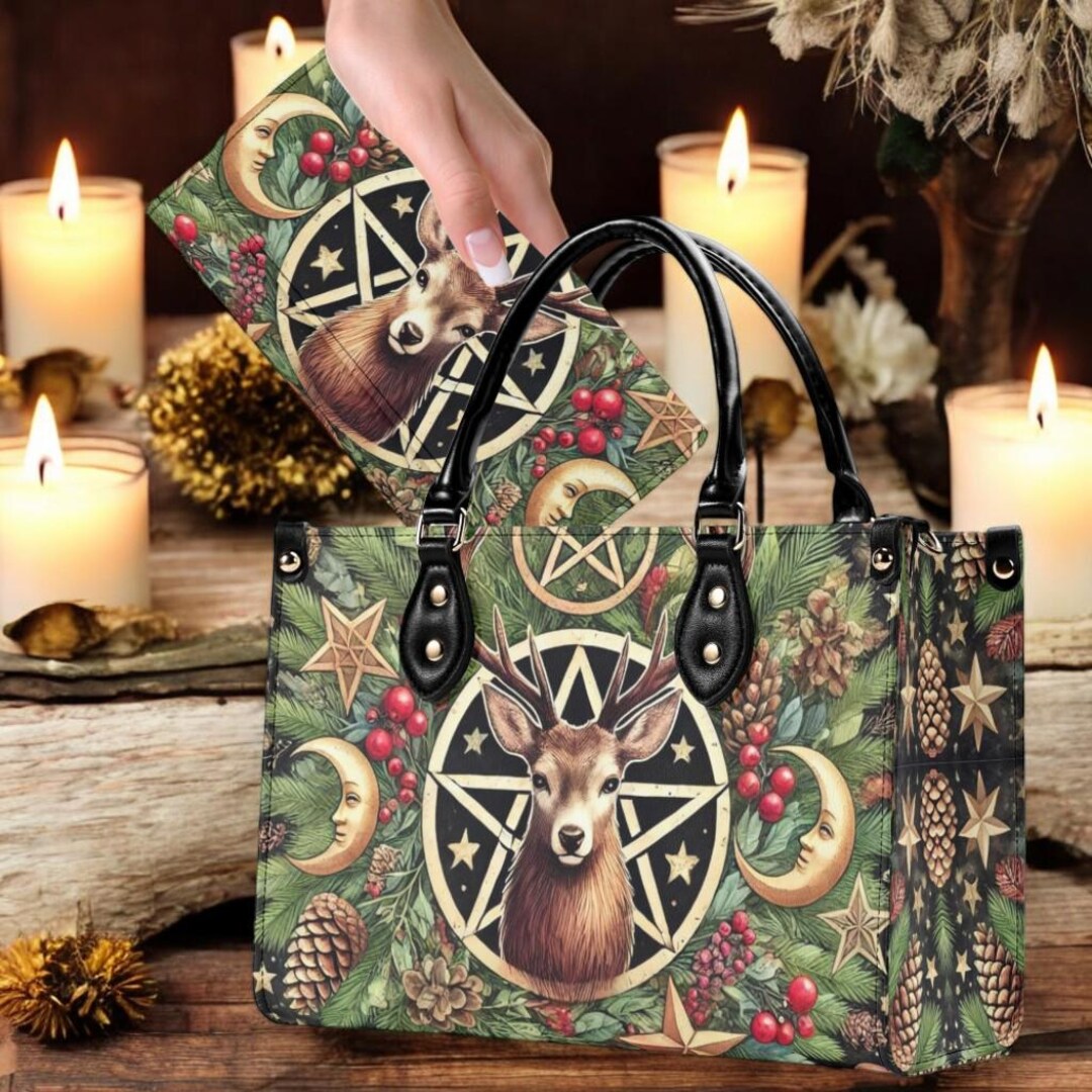 Deer Pine Forest Pentagram Purse, Top Handles Vegan Leather Tote ...