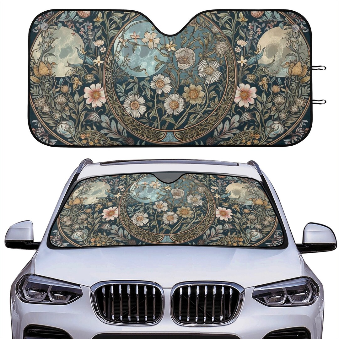 Teal Maximalist Floral Moon Cottagecore Car Sunshade for Windshield ...