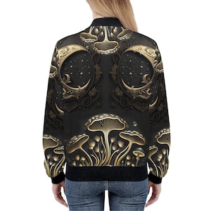 Black Gold Mystical Witchy Mushroom Moon Women Bomber Jacket, Wicca ...