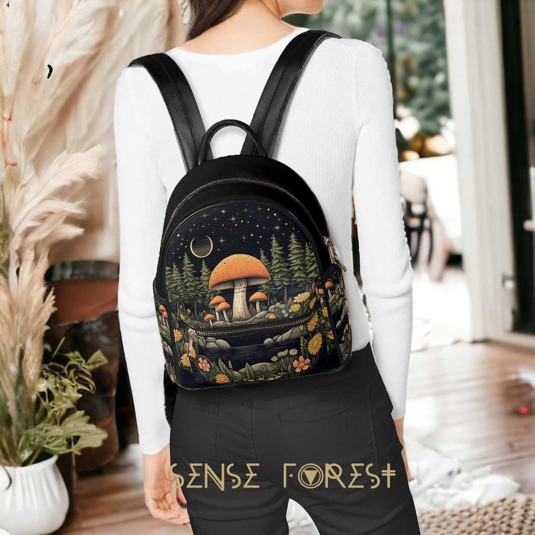 Mini Retro Black Vegan Leather 70s Mushroom Backpack, Cute Cottagecore ...