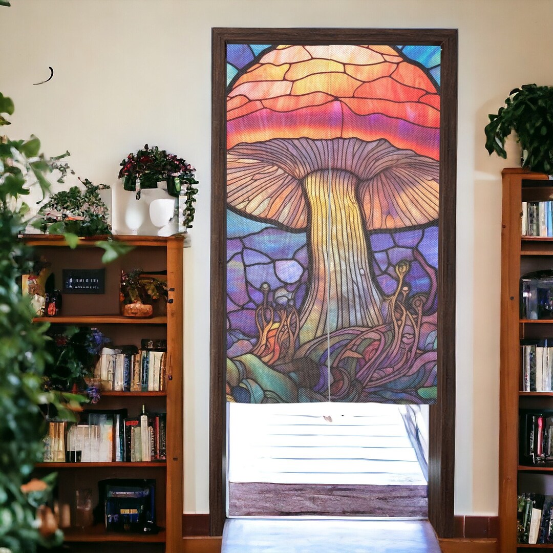 Cottagecore Stained Glass Mushroom Noren Curtain, Hippies Cozy Door ...