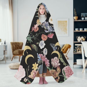 Cottagecore Moon Floral Hooded Blanket, Maximalist Witchy Lounging Cozy ...