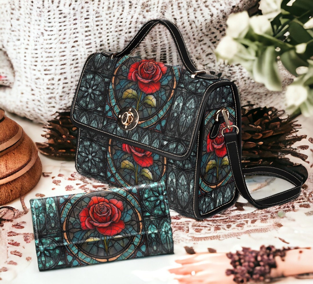 Gothic Teal Stained Glass Red Rose Canvas Satchel Bag, Women Witchy ...