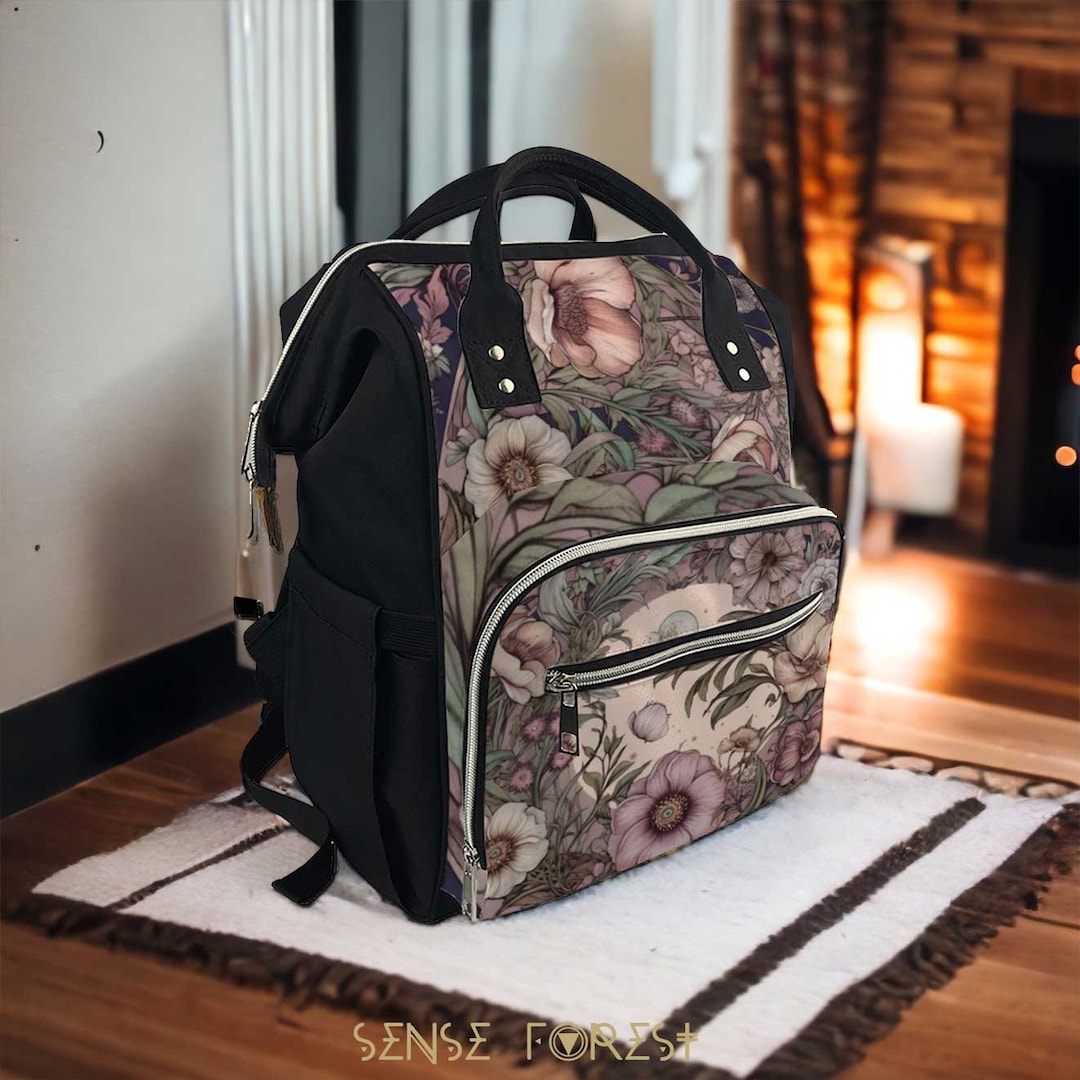Pastel Purple Cottagecore Floral Backpack, Poppies Mommy Bag, Large ...