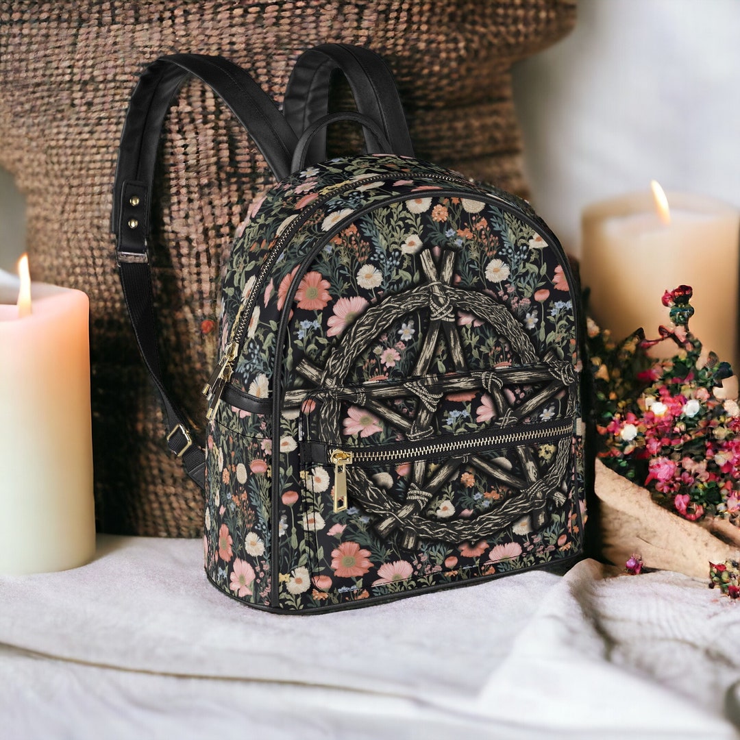 Cottagecore Pink Floral Mini Black Backpack, Wildflower Wicca Pentacle ...