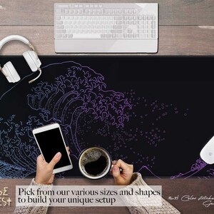 Neon Purple Great Wave Desk Mat RGB, Japanese Minimalist Large Stitched ...