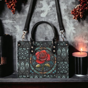 Gothic Teal Stained Glass Rose Top Handles Vegan Leather Tote Purse ...