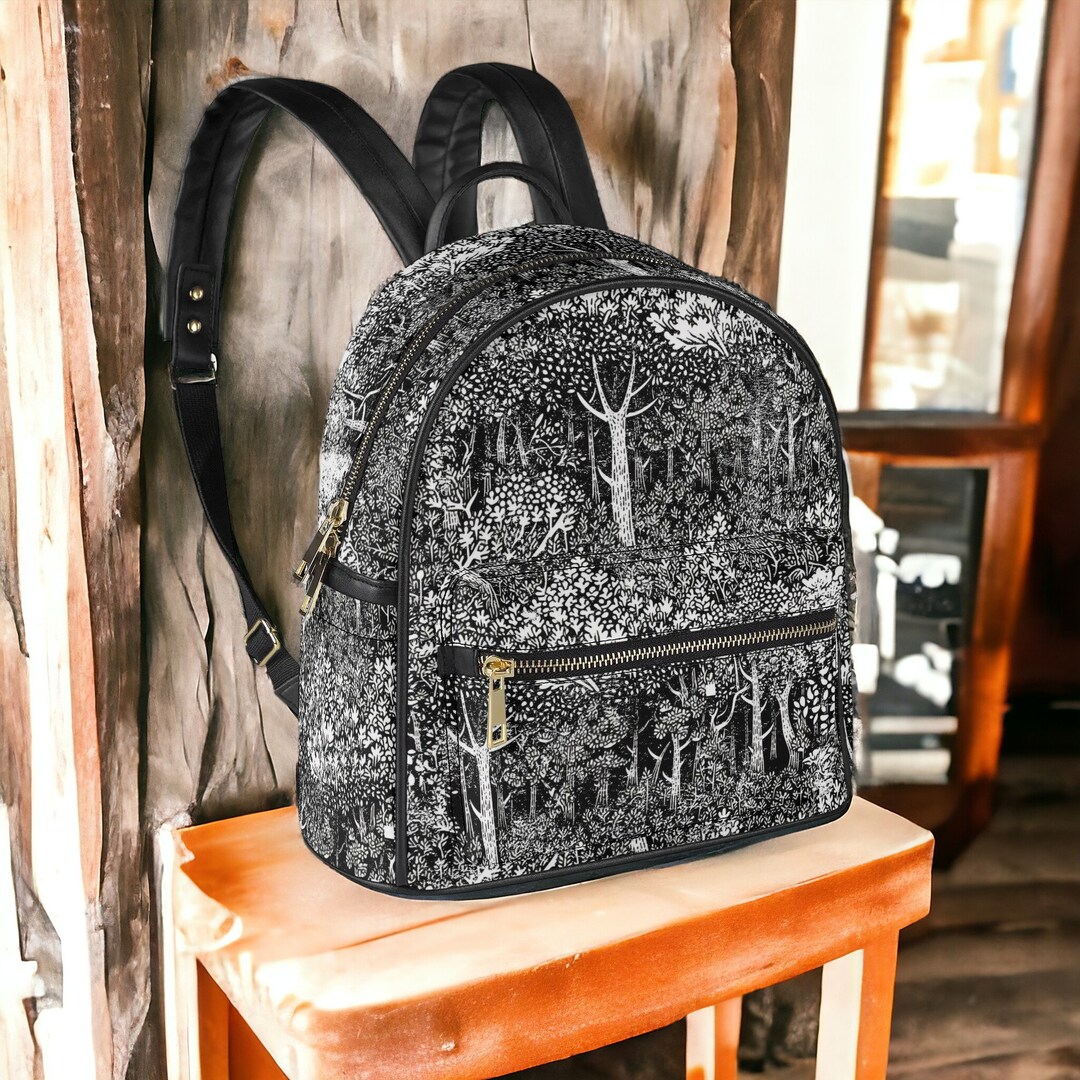Dark Cottagecore Black & White Forest Wood Mini Backpack, Linocut Art ...