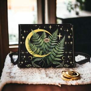 Whimsigoth Dark Cottagecore Canvas Satchel Bag, Moon Stars Fern Purse ...