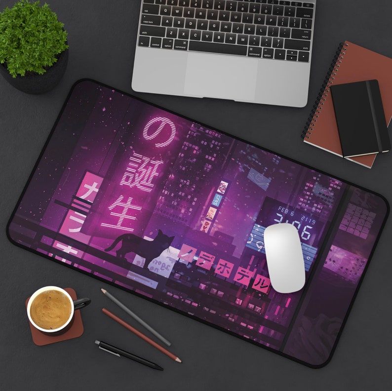 Pink Neon City Desk Mat Cute Color Stitched Edges Japanese - Etsy