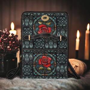 Gothic Teal Stained Glass Red Rose Canvas Satchel Bag, Women Witchy ...