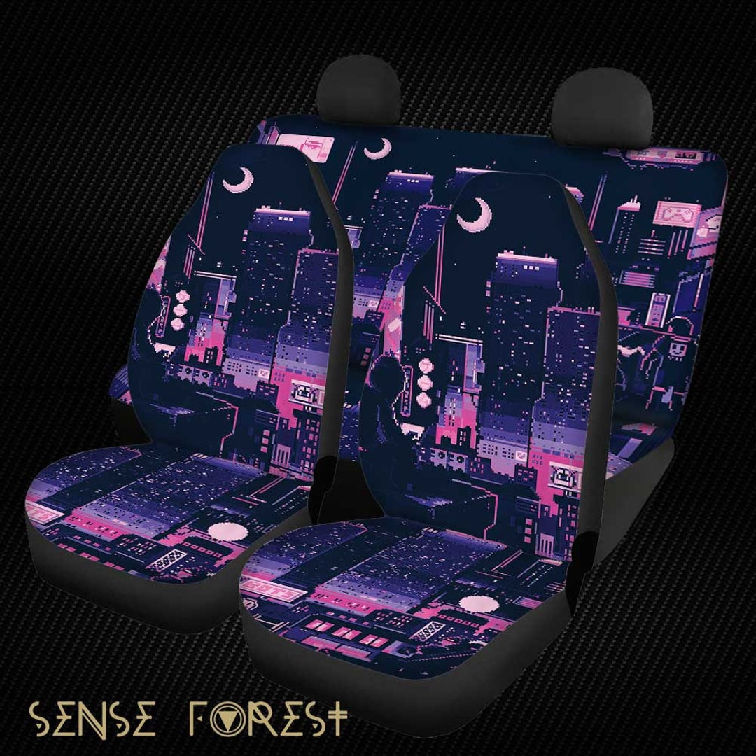 Kawaii Purple Japanese City Gamer Car Seat Covers, Cute Pixel Vaporwave ...