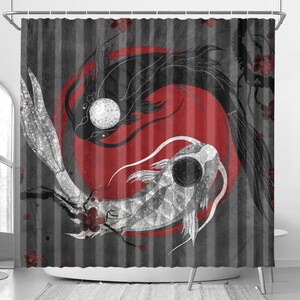 Japanese Red Sun Yinyang Koi Fish Bath Curtain, Anime Koi Black Red ...