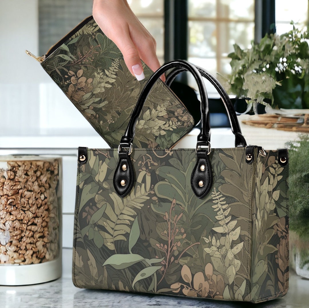 Botanical Tropical Olive Green Forest Foilage Top Handles Vegan Leather ...