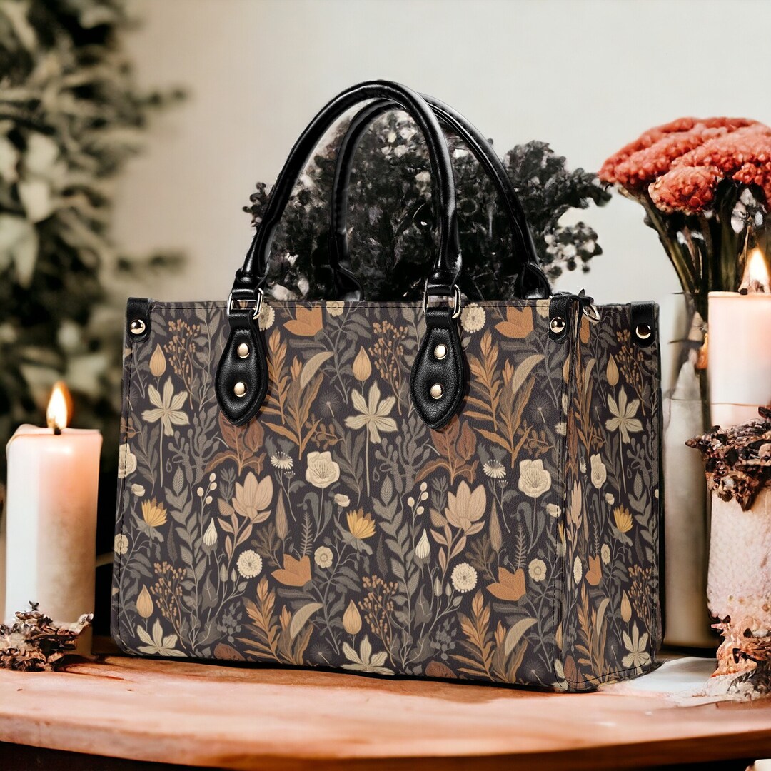 Cottagecore Brown Floral Vegan Leather Handbag, Dark Academia Earth ...